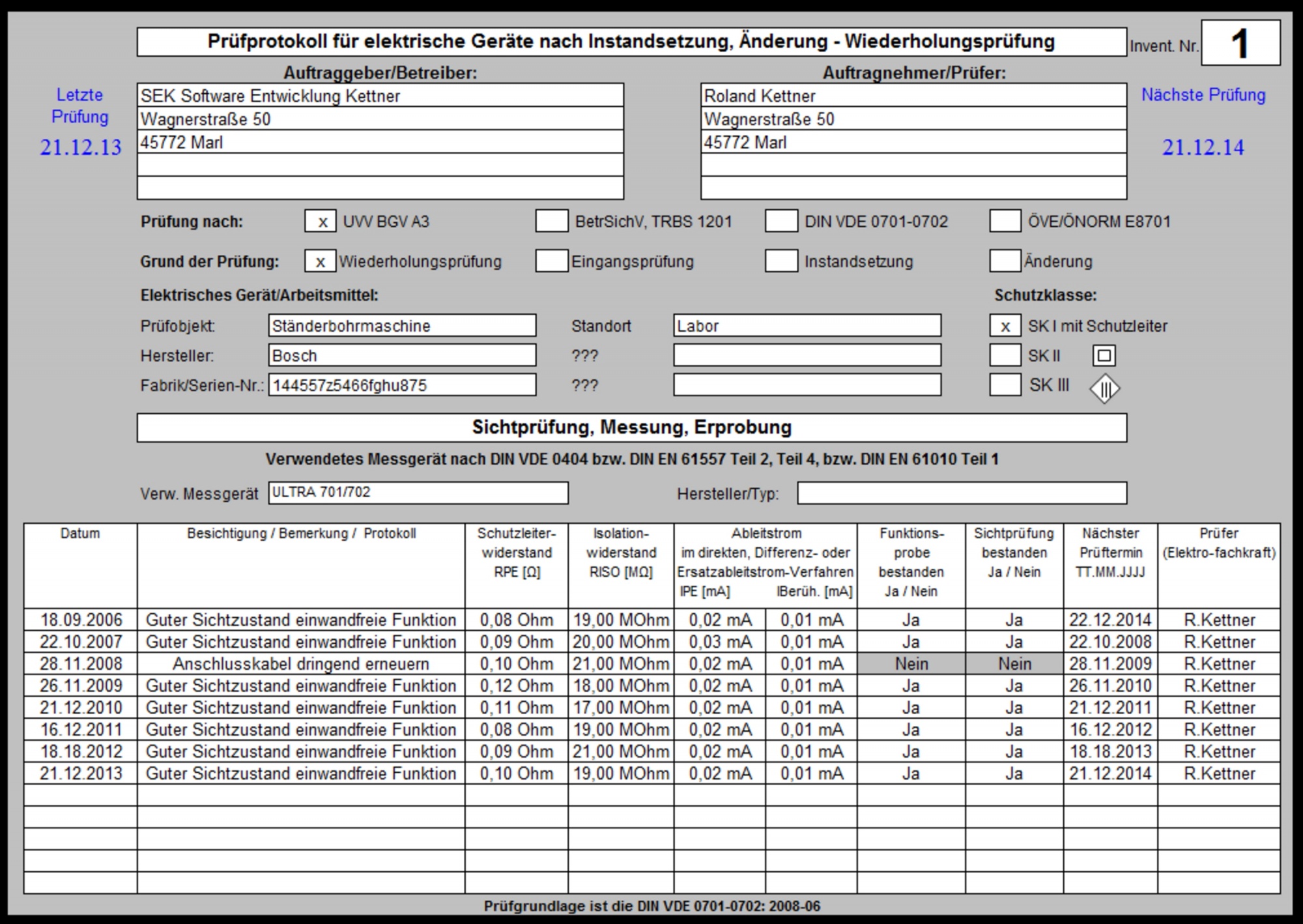 Prüfbuch zum einhalten der Prüffristen für Ortsgebundene und Ortsungebundene Elektrogeräte nach ...