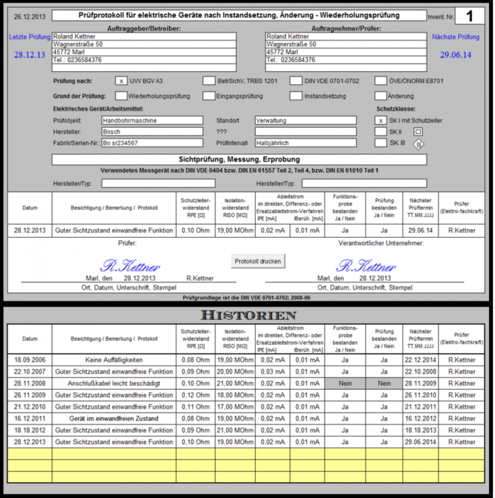 Prüfbuch zum einhalten der Prüffristen für Ortsgebundene und Ortsungebundene Elektrogeräte nach ...