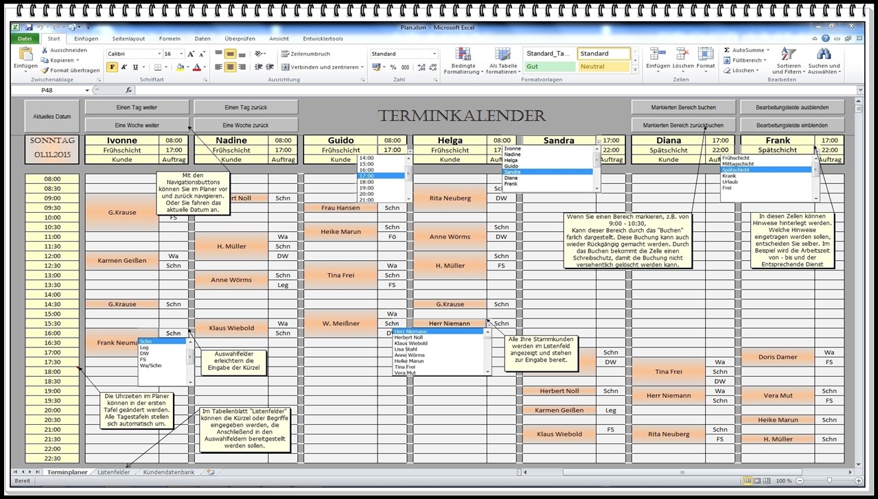 Digitaler elektronischer Excel Terminplaner für z.B. Friseure , Kosmetikstudio , Rechtsanwälte ...